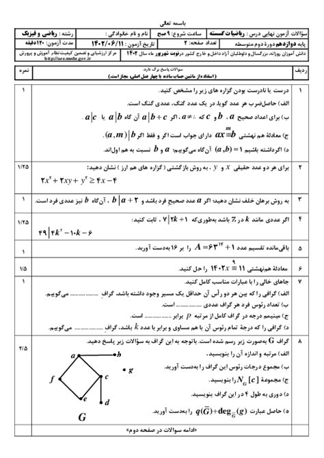 سؤالات امتحان نهایی نوبت شهریور 1402 درس ریاضیات گسسته دوازدهم ریاضی