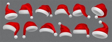 산타 클로스 모자 흰색 모피와 폼폼현실적인 크리스마스와 새해 붉은 겨울 머리 장식 투명 한 배경에 사진 장식 스티커의 컬렉션 벡터 의상 세트 벡터에 대한 스톡 벡터 아트 및