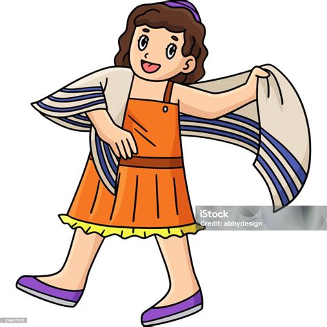 Bat Mitzvah Girl Wearing Tallit Cartoon Clipart Stock Illustration