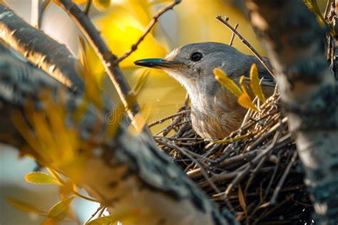 Close Up Of A Bird Building Its Nest In A Tree Stock Illustration