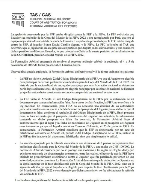 El TAS falló en contra de Ecuador en el caso de Byron Castillo pero podrá jugar el Mundial de