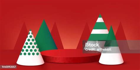 장면을 모의 화장품 및 제품 디스플레이를 위한 연단 무대 받침대 또는 플랫폼 크리스마스 나무 겨울 크리스마스 빨간색 배경 0명에 대한 스톡 벡터 아트 및 기타 이미지