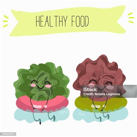 캐릭터 만화 녹색과 빨간색 Trocadero 양상추 Lactuca Sativa 벡터 일러스트 레이 션 재미 있는 채소 쾌활한 야채의 샐러드 가격표에 대한 스톡 벡터 아트 및
