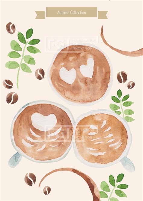 U160921 유자디자인 일러스트 가을 음식 백그라운드 카페 커피 디저트 라떼아트 카페라떼 카푸치노 하트 사랑 잎 나뭇잎 수채화 수작업 라인