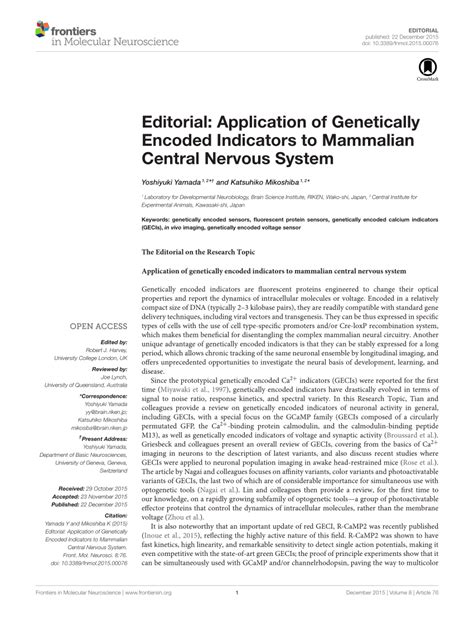 Pdf Editorial Application Of Genetically Encoded Indicators To Mammalian Central Nervous System