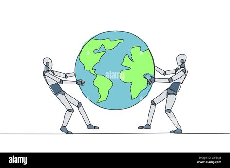 Single One Line Drawing Two Strong Robot Fighting Over The Globe