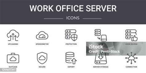 작업 사무실 서버 개념 라인 아이콘 설정 웹 로고 속도계 저장 여행 가방 내보내기 서버 저장 연결 좋은 검토 보호와 같은 Ui Ux에 사용할 수있는 아이콘이 포함되어