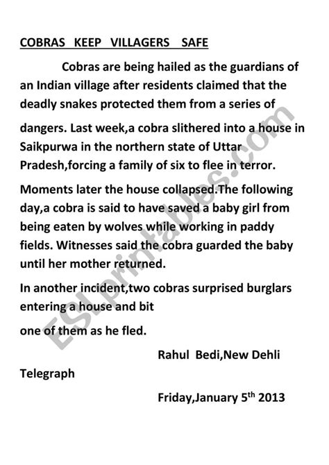 Cobras Keep Villagers Safe Esl Worksheet By Muller