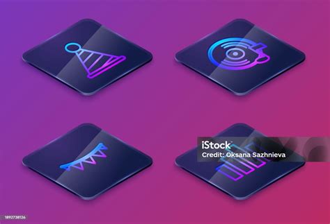 아이소 메트릭 라인 파티 모자 깃발이있는 카니발 화환 비닐 디스크 및 음악 이퀄라이저를 설정하십시오 파란색 사각형 버튼입니다