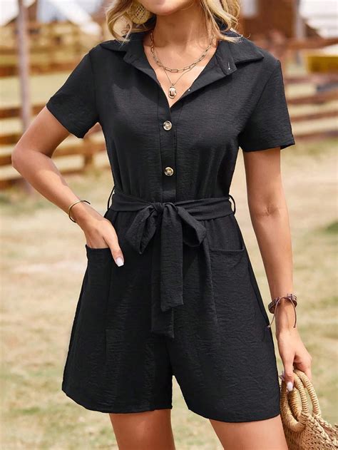 Solid Button Front Dual Pocket Belted Shirt Comfy Jumpsuits