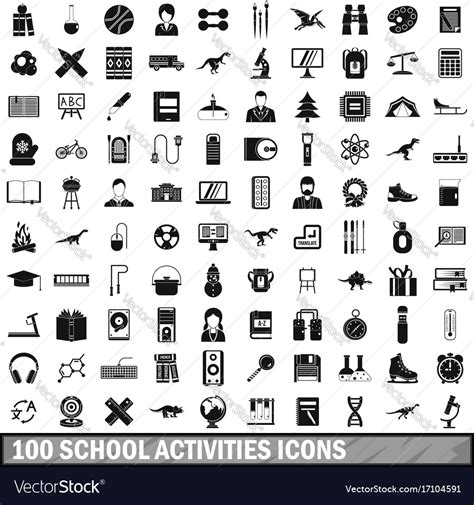 100 School Activities Icons Set Simple Style Vector Image