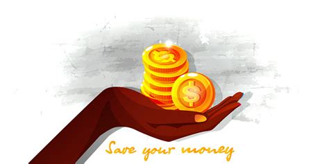 돈 뒤와 저축 만화 스타일의 금융 개념 콘크리트 벽의 배경에 금화를 든 아프리카 계 미국인 여성의 손 3차원 형태에 대한 스톡