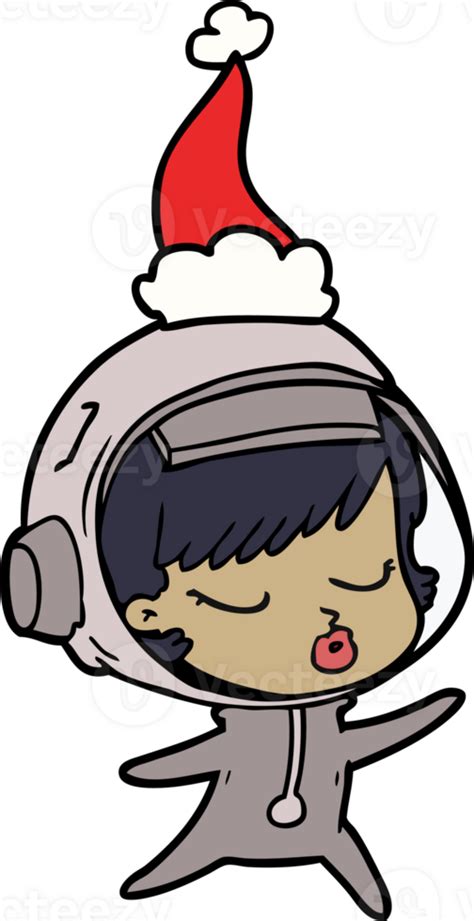 Hand Drawn Line Drawing Of A Pretty Astronaut Girl Wearing Santa Hat