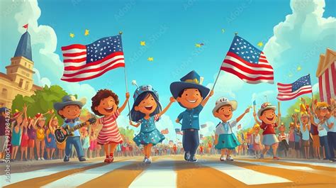 Cartoon Characters Enjoying A 4th Of July Parade With Flags Floats And