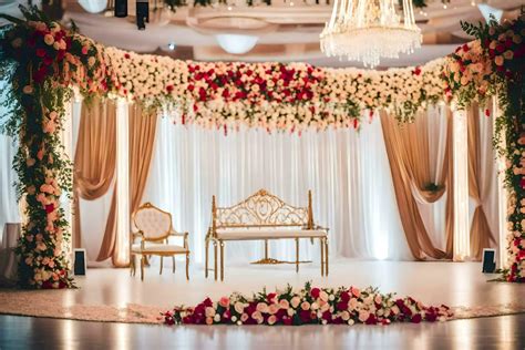 An Elegant Wedding Stage Decorated With Flowers And Gold Ai Generated