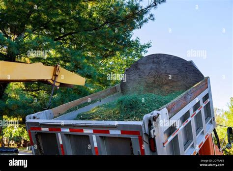 Tree Chipper Machine Grinding Tree Into Covered Truck In Urban Neighborhood Stock Photo Alamy