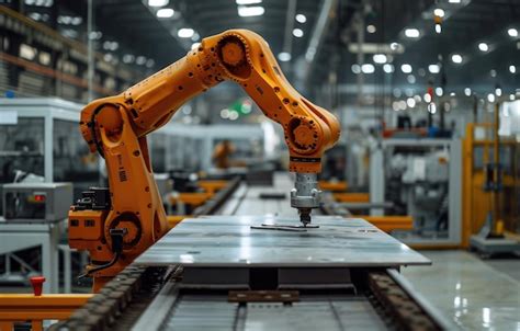 Premium Photo Robotic Arm In Factory Moving Over Steel Piece