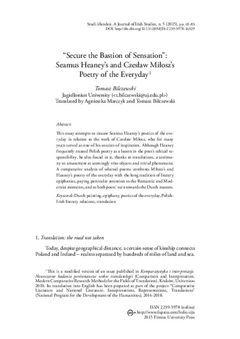 Pdf Secure The Bastion Of Sensation” Seamus Heaneys And Czesław Miłoszs Poetry Of The Everyday