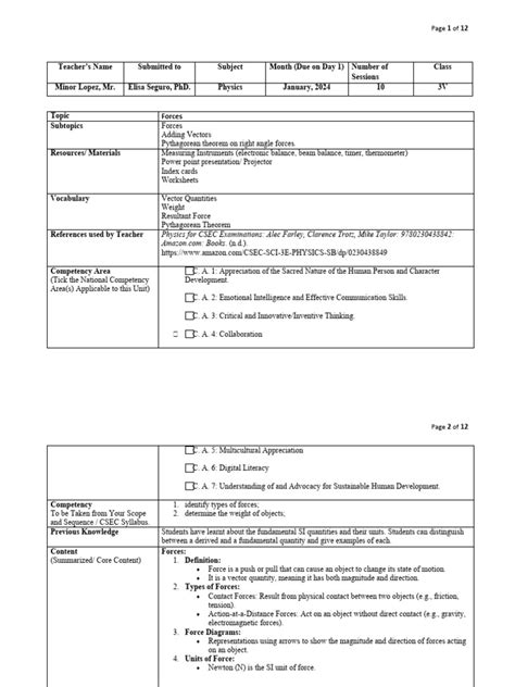 3v Physics Lesson Plan Jan Lopez Pdf Euclidean Vector Force