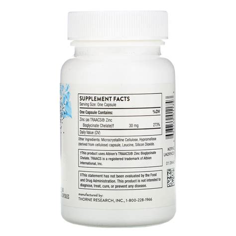 Бисглицинат цинка, Zinc Bisglycinate, Thorne Research, 30 мг, 60 капсул ...