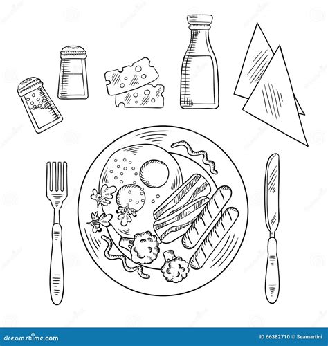 Sketch Of Tasty Cooked Dinner On A Plate Stock Vector Illustration Of Kitchen Design 66382710