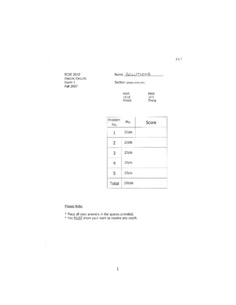 Solution Of Practice Exam 1 Electric Circuits Fall 2007 Ecse 2010