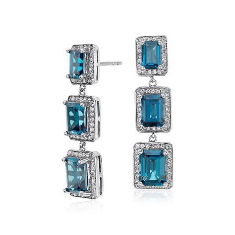 London Blue Topaz Emerald Halo Drop Earrings In Sterling Silver 8x6mm
