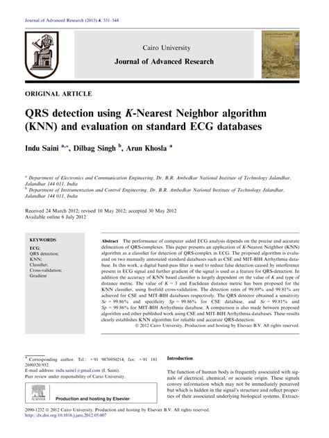 Pdf Qrs Detection Using K Nearest Neighbor Algorithm Knn And Evaluation On Standard Ecg