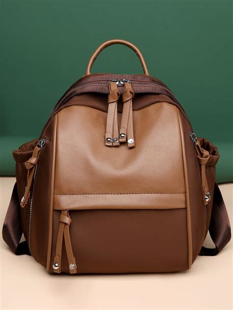 Brown Elegant Nylon Plain Functional Backpack Embellished Women Bags