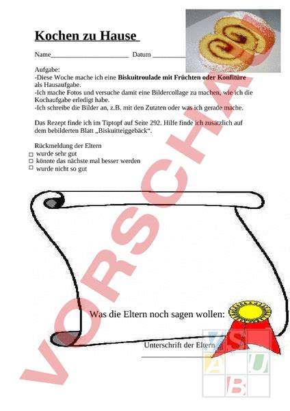 Arbeitsblatt Biskuitroulade Als Hausaufgabe Wirtschaft Arbeit
