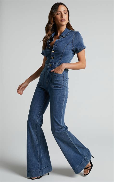 Silvena Jumpsuit Short Sleeve Flared Denim Jumpsuit In Indigo Wash Showpo