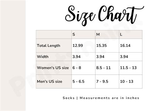 Socks Size Chart Print On Demand Socks Size Chart Sublimation Socks