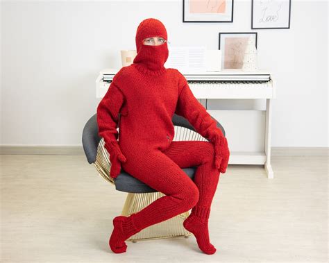 Hand Knitted Raw Wool Catsuite Fetish Catsuit With Integrated Mittens