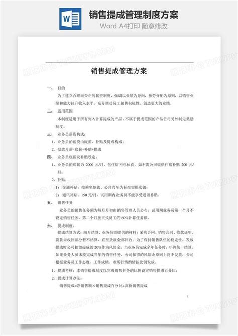 销售提成管理制度方案文档Word模板下载 编号xlmjavvq 熊猫办公