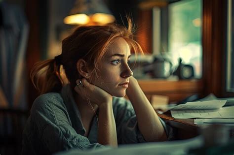 A Woman Sitting At A Desk With Her Head Resting On Her Hand Premium