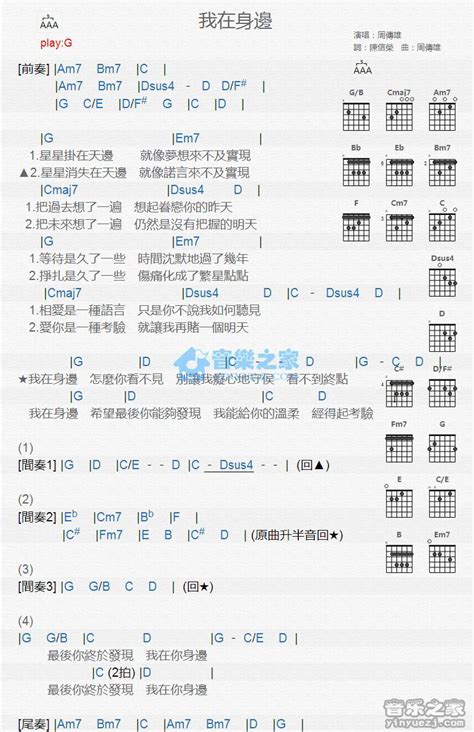 我在身边吉他谱 周传雄 G调吉他弹唱谱 琴谱网