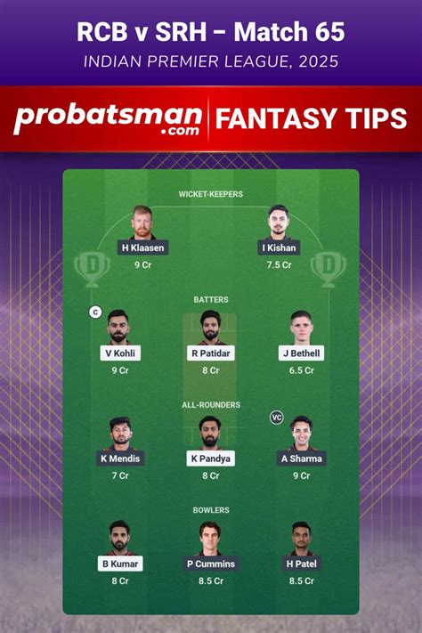 Rcb Vs Srh Dream11 Prediction Fantasy Cricket Tips Player Stats For