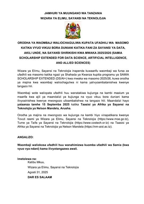 Orodha Ya Waombaji Waliochaguliwa Kupata Ufadhili Wa Masomo Katika Vyuo