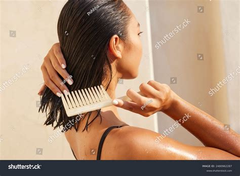Woman Combing Wet Hair Wooden Comb Stock Photo 2480962287 Shutterstock
