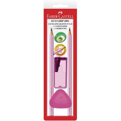 Kit Lápis Grafite EcoLápis n B Eco Grip Rosa Apontador Borracha Faber Castell