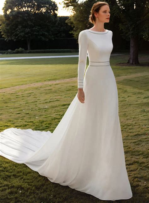 A Line Scoop Neck Long Sleeves Court Train Wedding Dresses Missacc