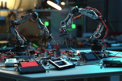 Advanced Robotic Arms Assembling Electronic Components In A Modern Tech