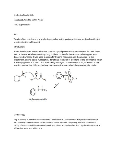 Synthesis Of Acetanilide Synthesis Of Acetanilide S11185531 Anushka