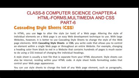class 8 computer science chapter 4 html form multimedia and css part 6