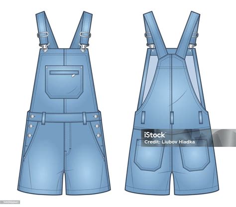 데님 오버롤 패션 디자인 짧은 Dungarees 점프 수트 기술 패션 일러스트 주머니 편안한 핏 앞면과 뒷면보기 블루 여성 남성
