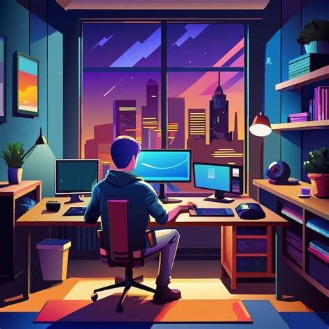 A Man Is Working At His Computer In A Dark Room Premium AI Generated