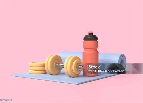 3d 플라스틱 물병 아령 요가 매트 건강한 라이프 스타일 스포츠 및 피트니스 개념 분홍색 배경에 격리된 그림 3d 렌더링 3차원 형태에 대한 스톡 사진 및 기타 이미지