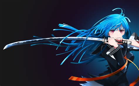 Sword Long Hair Blue Hair Anime Anime Girls Kisara Tendo Black