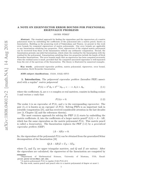 Pdf A Note On Eigenvector Error Bounds For Polynomial Eigenvalue Problems