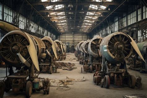 Rows Of Disassembled Airplane Wings And Engines Stock Illustration